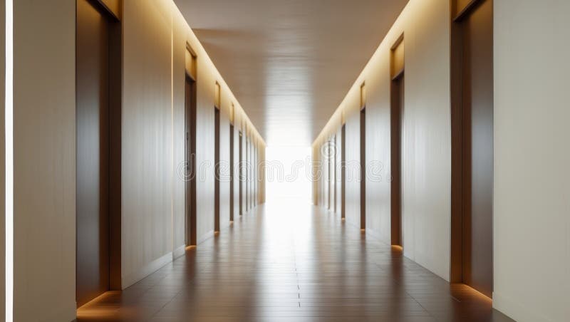Long Brown Corridor in Modern Hotel with Copy Space for Text. Stock ...