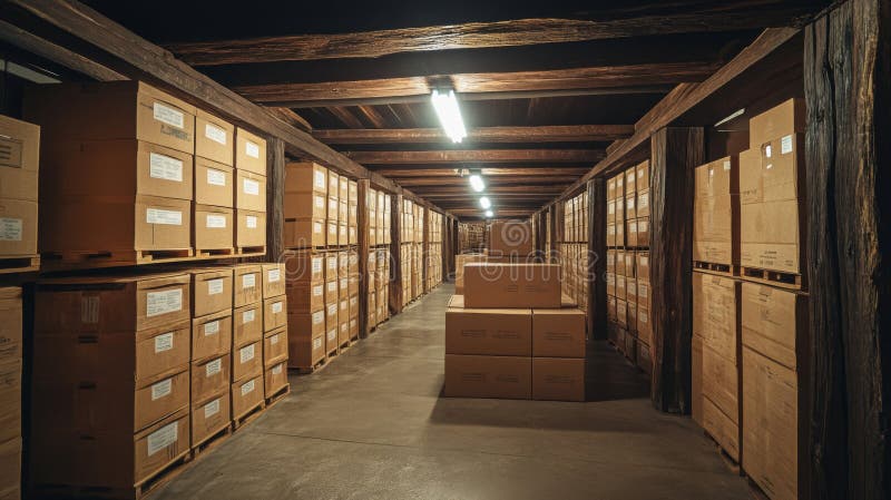Long Cardboard Box Storage Corridor in Dark Warehouse Stock ...