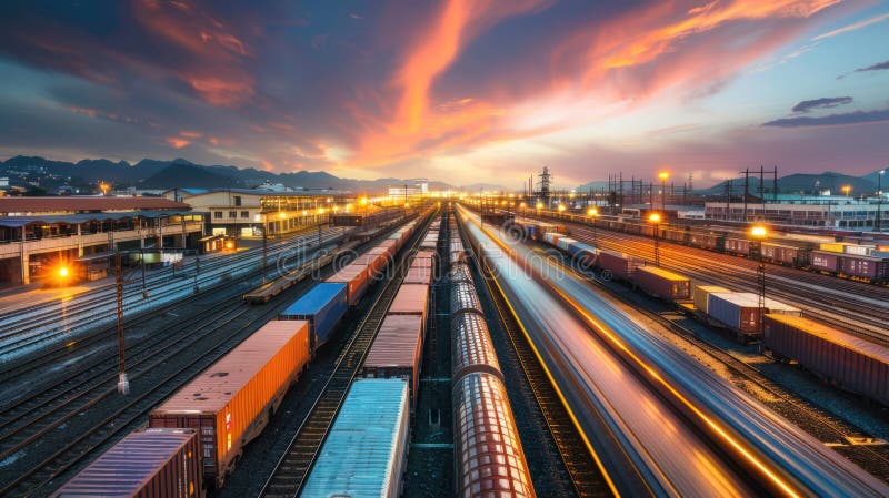 A Long Cargo Train at a Bustling Railway Yard, Highlighting the Scale ...