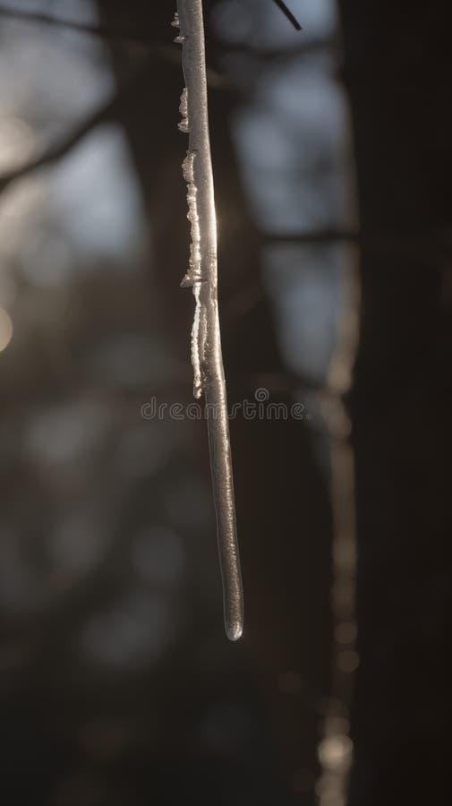 Long, Clear Icicles Hang from a Branch with the Sun Glowing Softly ...