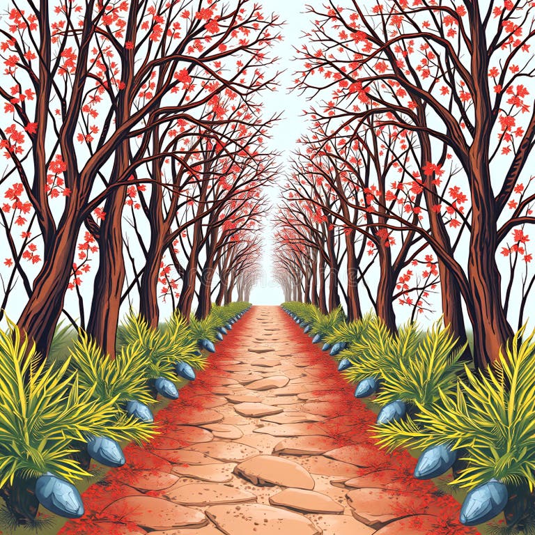 A Long Cobblestone Path Lined with Trees in Fall Foliage Stock ...