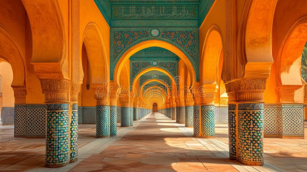 A Long Colonnade of Orange Arches and Blue Tilework Stock Illustration ...
