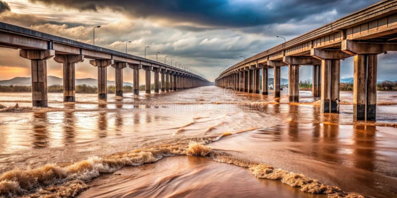 Long Concrete Bridge Over a Wide, Muddy River during a Dramatic Sunset ...