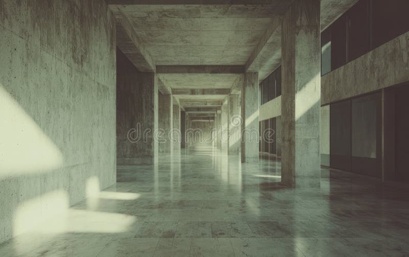 Long Concrete Corridor with Subtle Light Patterns Stock Illustration ...