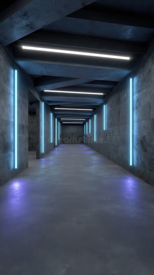 Long Concrete Hallway with Geometric Ceiling and Blue Neon Lights in ...