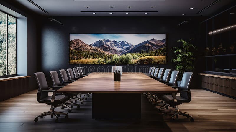 A Long Conference Table with Black Chairs in an Office. Generative Ai ...