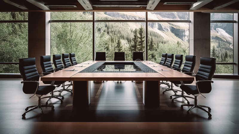 A Long Conference Table with Black Chairs in an Office. Generative Ai ...