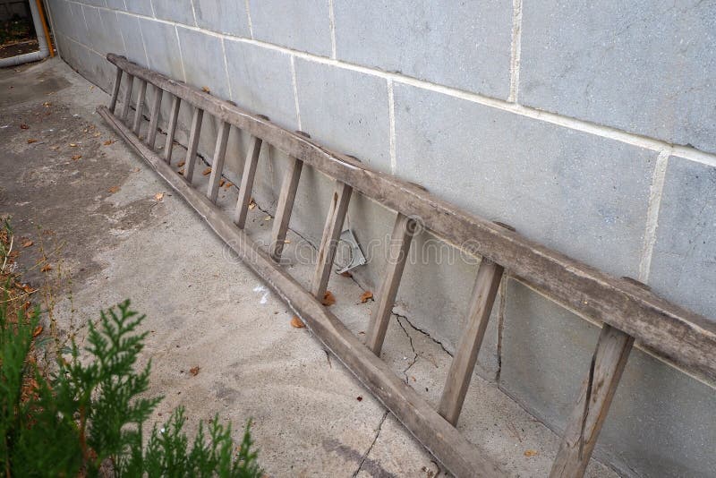 Long Construction Ladder Made of Wood, Handmade Wooden Ladder Stock ...