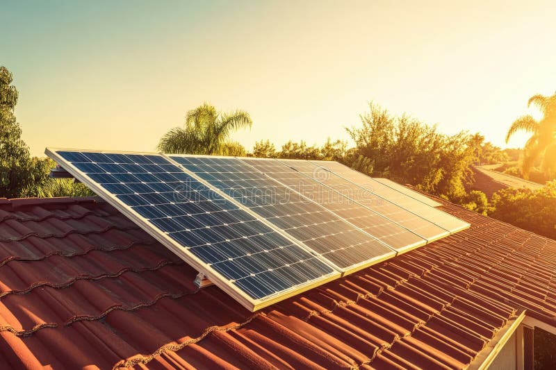 A Long Row of Solar Panels Elegantly Positioned Atop a Tiled Roof Stock ...