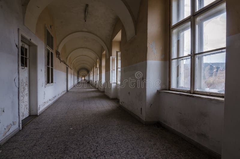 Long Corridor in Abandoned Barracks Stock Image - Image of villa ...