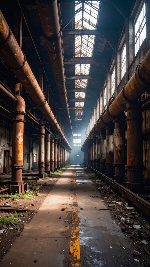Abandoned Industrial Interior with Rusted Pipes and Natural Light ...