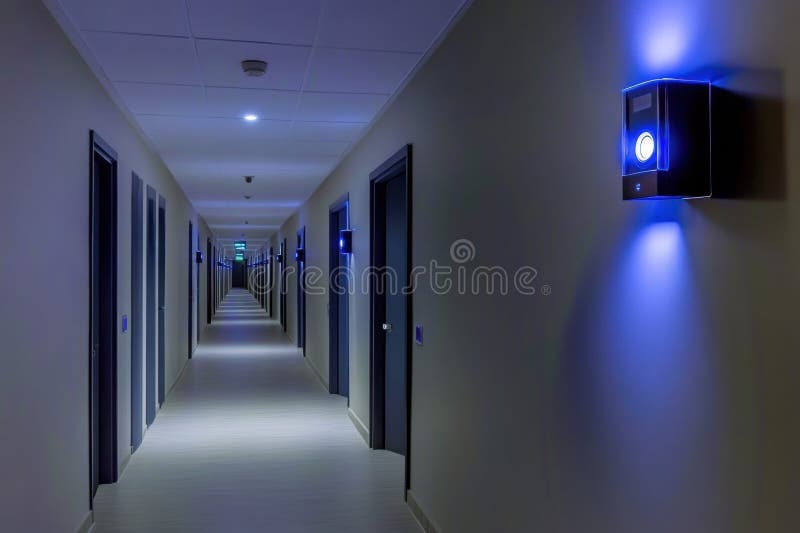 Long Corridor with Blue Lighting and Modern Door Designs in a ...