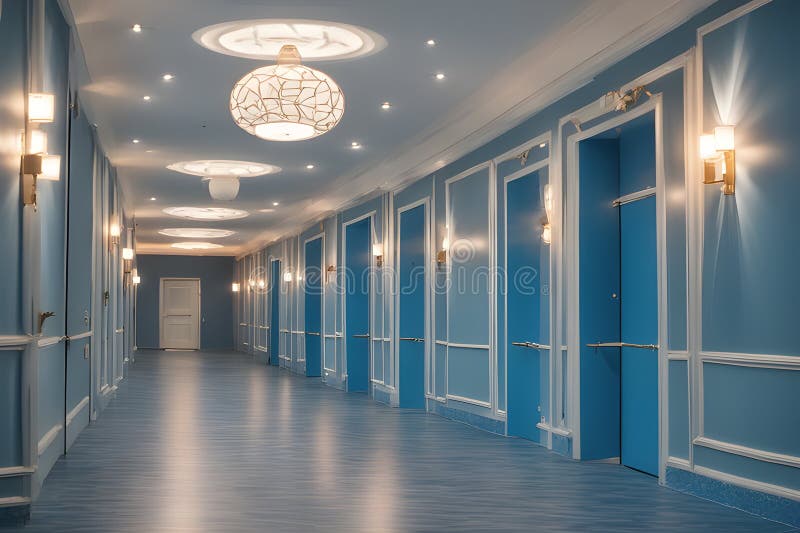 Long Corridor in Blue Wall with Doors and Lamps in a Hotel Stock ...