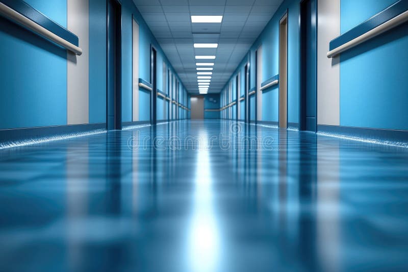 A Long Corridor with Blue Walls and Floor Stock Image - Image of modern ...