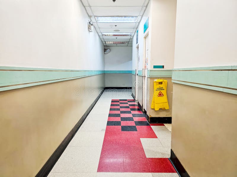 Long Corridor with Cleaning in Progress Warning Sign. Stock Image ...