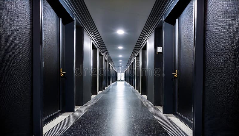 Long Corridor with Closed Black Doors Stock Illustration - Illustration ...