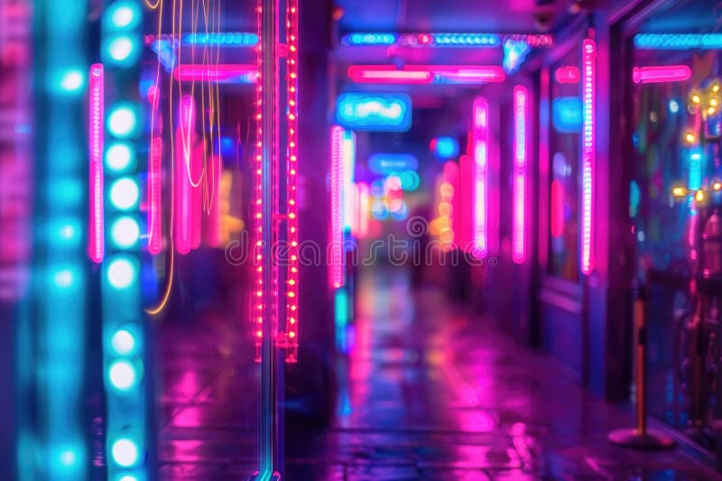Long Corridor with Colorful Neon Lights on the Walls Stock Illustration ...