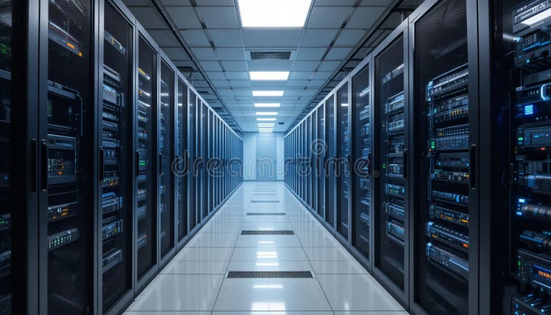 Long Corridor of a Data Center Featuring Rows of Tall Server Racks on Both Sides. Stock ...