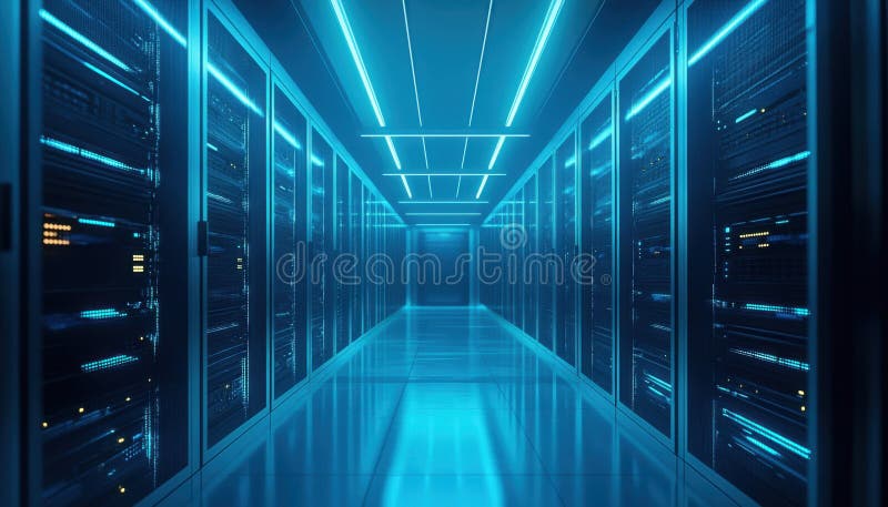 Data Center Corridor Filled with Glowing Blue Light and Server Racks at ...