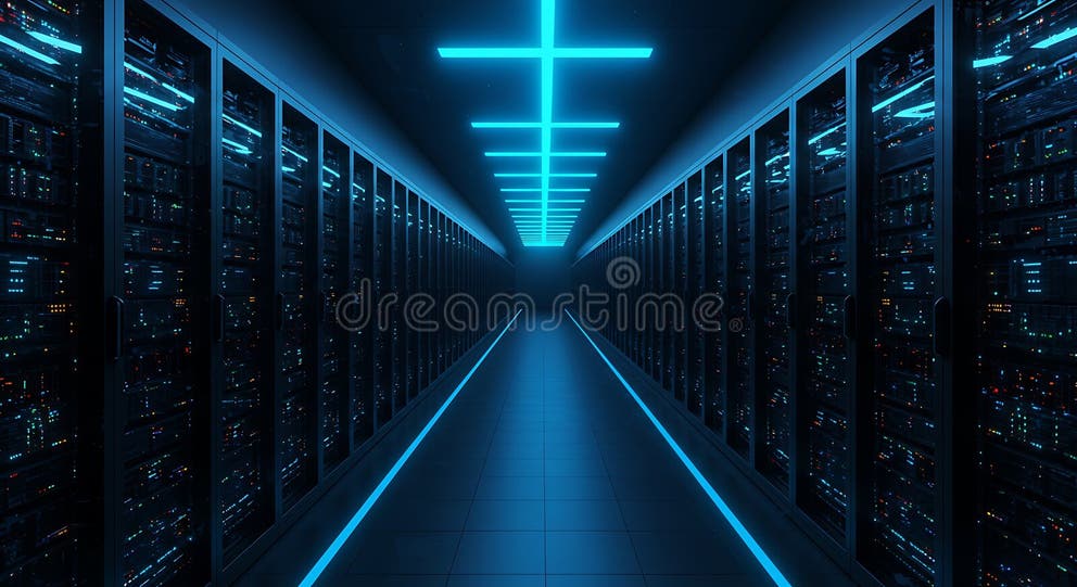 Long Corridor of a Data Center with Rows of Server Racks on Both Sides ...