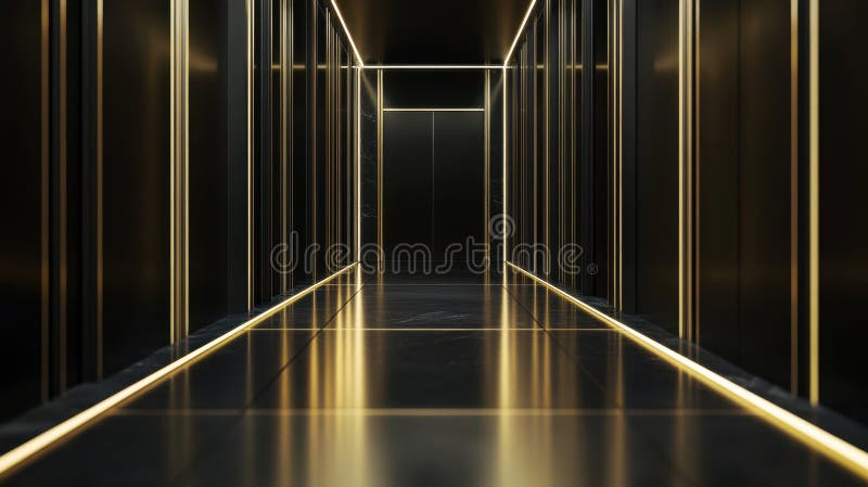 Long Corridor Featuring Gold Lines on Walls and a Sleek Black Floor in ...