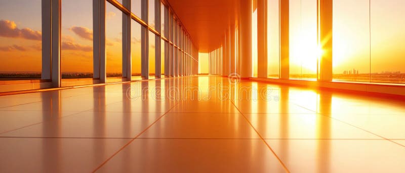 Long Corridor with Floor-to-Ceiling Windows Overlooking Sunset Stock ...