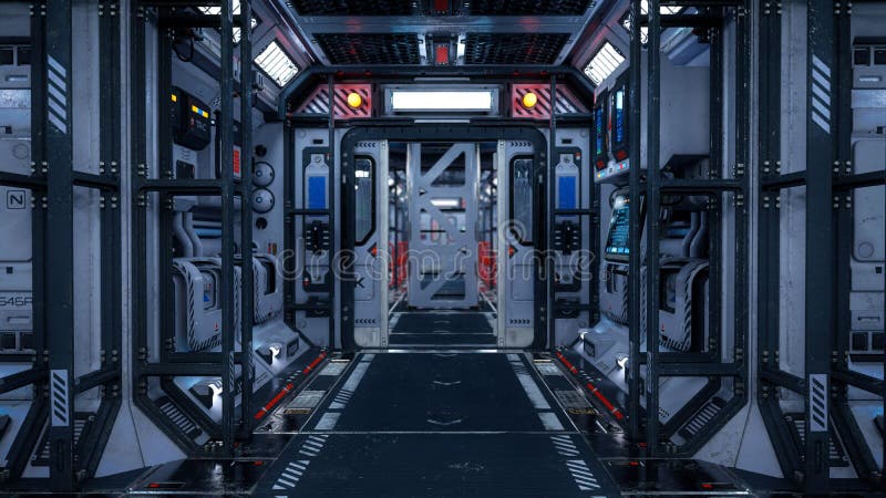 Long Corridor in a Futuristic Space Station Interior with Computer ...