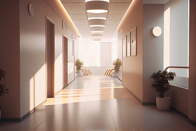 Long Corridor in the Hospital with Doors and Reflections. Abstract ...