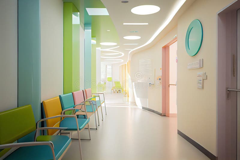 Long Corridor in the Hospital with Doors and Reflections. Abstract ...