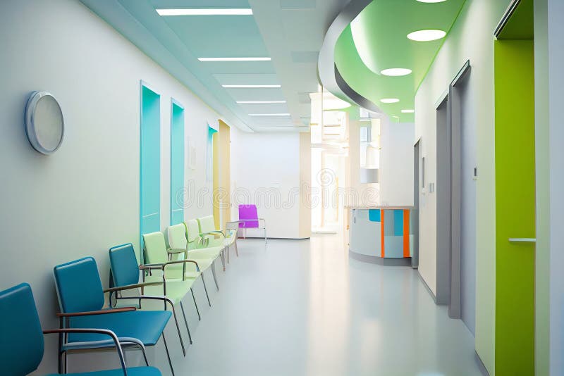 Long Corridor in Hospital with Doors and Reflections. Children S ...