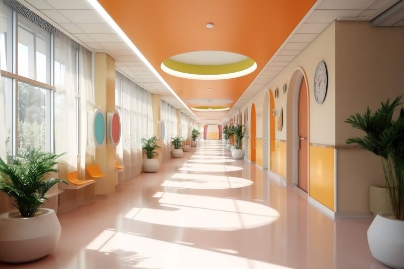 Long Corridor in Hospital with Doors and Reflections. Children S ...