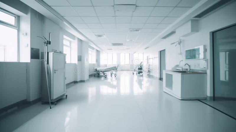 A Long Corridor in a Hospital with Various Procedural Rooms. Generative ...