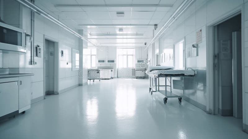 A Long Corridor in a Hospital with Various Procedural Rooms. Generative ...