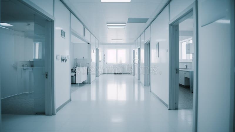 A Long Corridor in a Hospital with Various Procedural Rooms. Generative ...