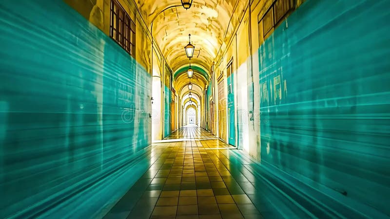 Long Corridor with Illuminated Ceiling, Tile Floor. Overlay Shows ...