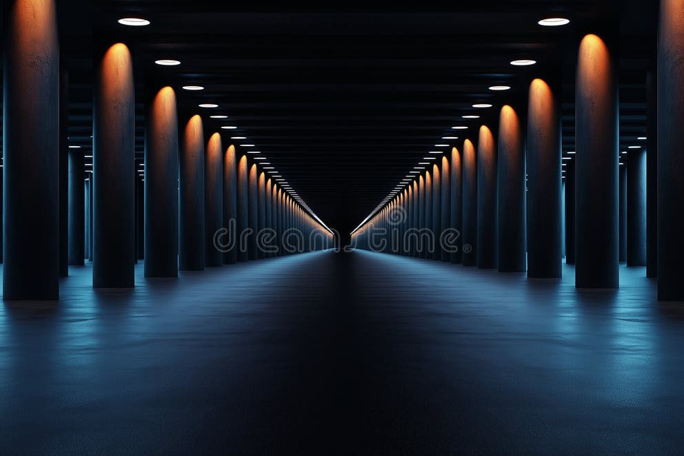 Long Corridor with Illuminated Columns Creates Dramatic and Abstract ...