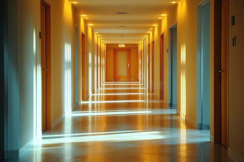 Long Corridor with Illuminated Doors and Sunlight Streaming in during ...