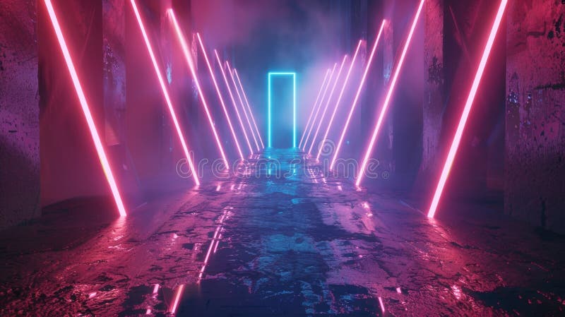 A Long Corridor Illuminated by Neon Lights. Suitable for Technology ...