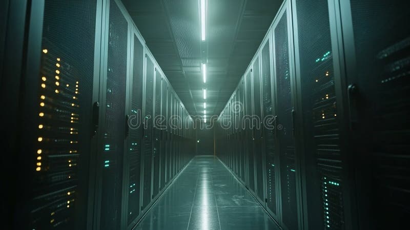 Data Center Corridor with Illuminated Servers and Cool Lighting Effects ...