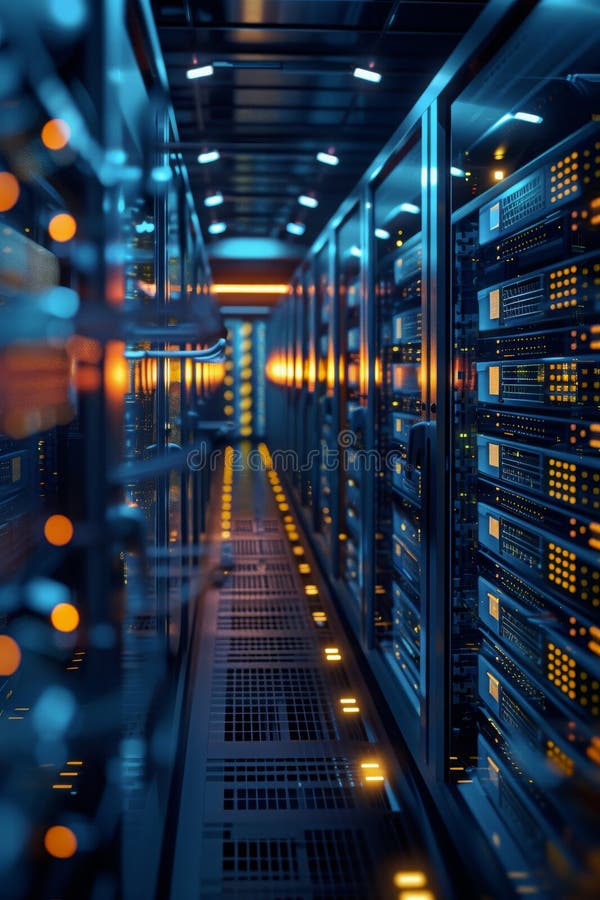Long Corridor Inside a Data Center Flanked by Server Racks Under a ...
