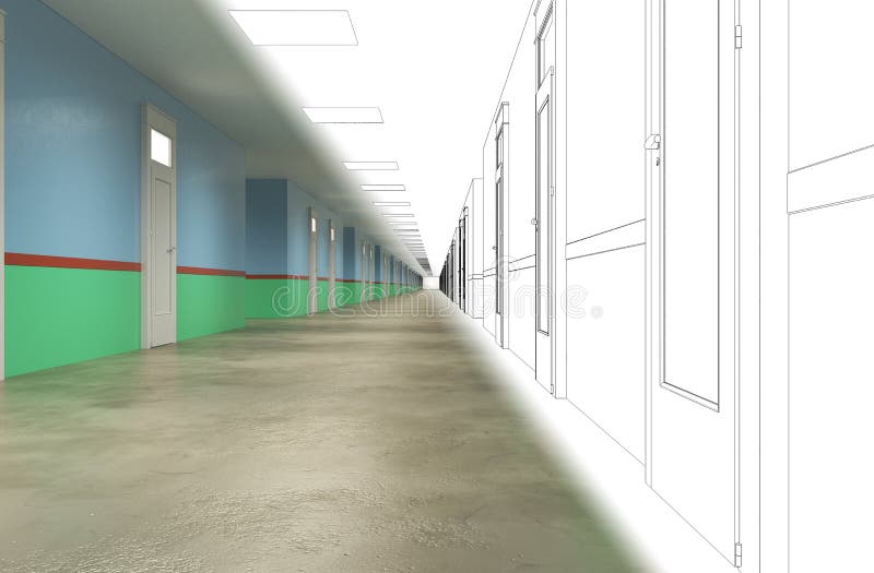 Long Corridor, Interior Visualization, 3D Illustration Stock ...