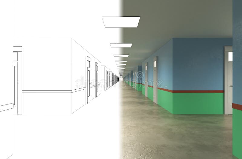 Long Corridor, Interior Visualization, 3D Illustration Stock ...