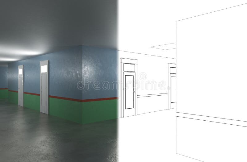 Long Corridor, Interior Visualization, 3D Illustration Stock ...