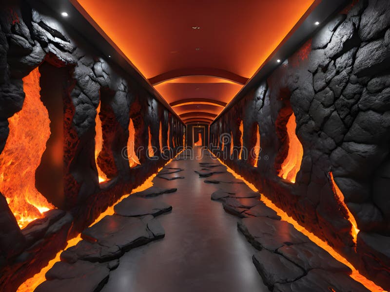 A Long Corridor with Lava and Rocks Stock Illustration - Illustration ...