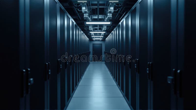 Long Corridor Lined with Dark Server Cabinets in a Data Center at Night ...