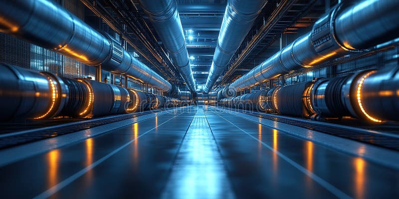 Intricate Network of Illuminated Pipes in an Industrial Corridor at ...
