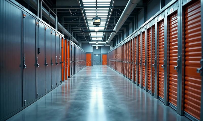 Modern Storage Facility Corridor: Rows of Steel and Orange Storage ...