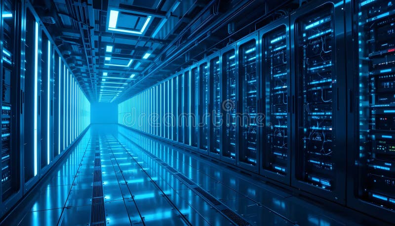 Futuristic Cyberpunk Data Center with Neon Lights Stock Illustration ...