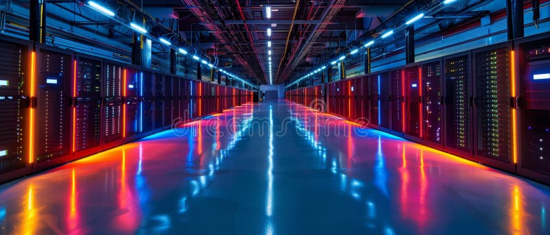 A Long Corridor Lined with Server Racks, Illuminated by Colorful Lights ...