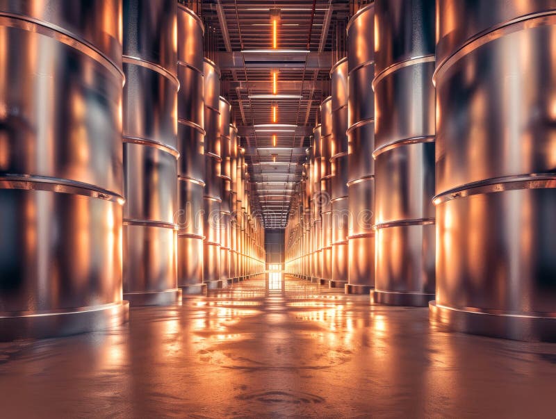 Symmetrical Corridor of Industrial Metal Tanks with Warm Lighting Stock ...